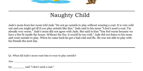 Download our free Naughty child comprehension for kids