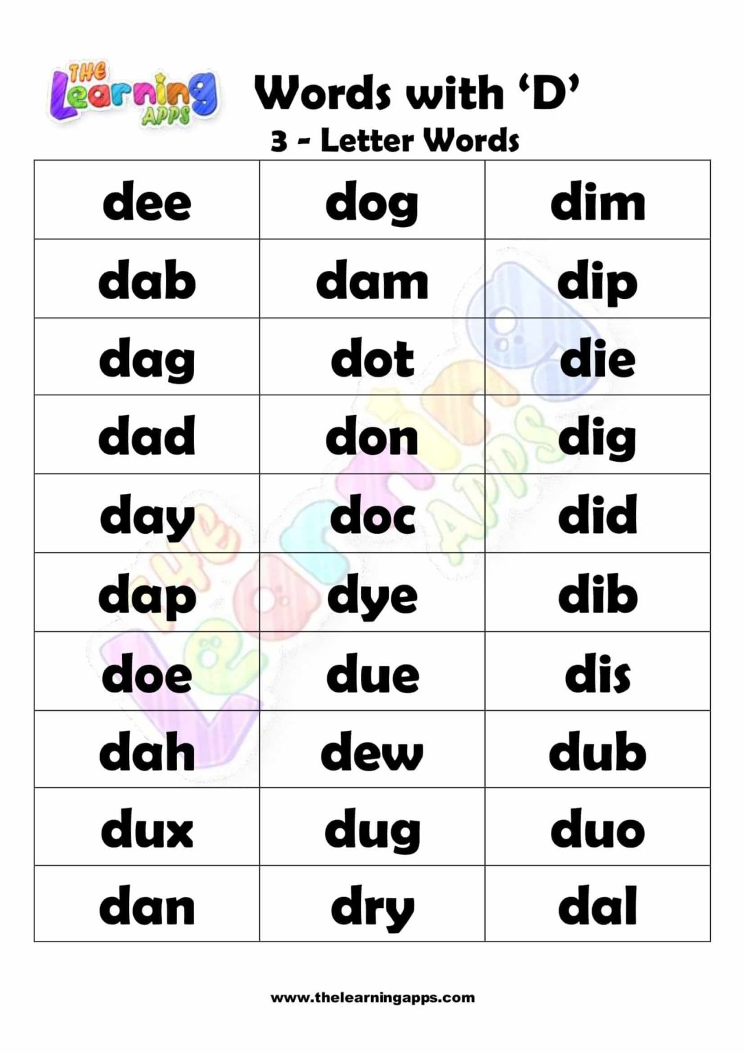 Download free printable 3 LETTER WORD STARTING WITH D