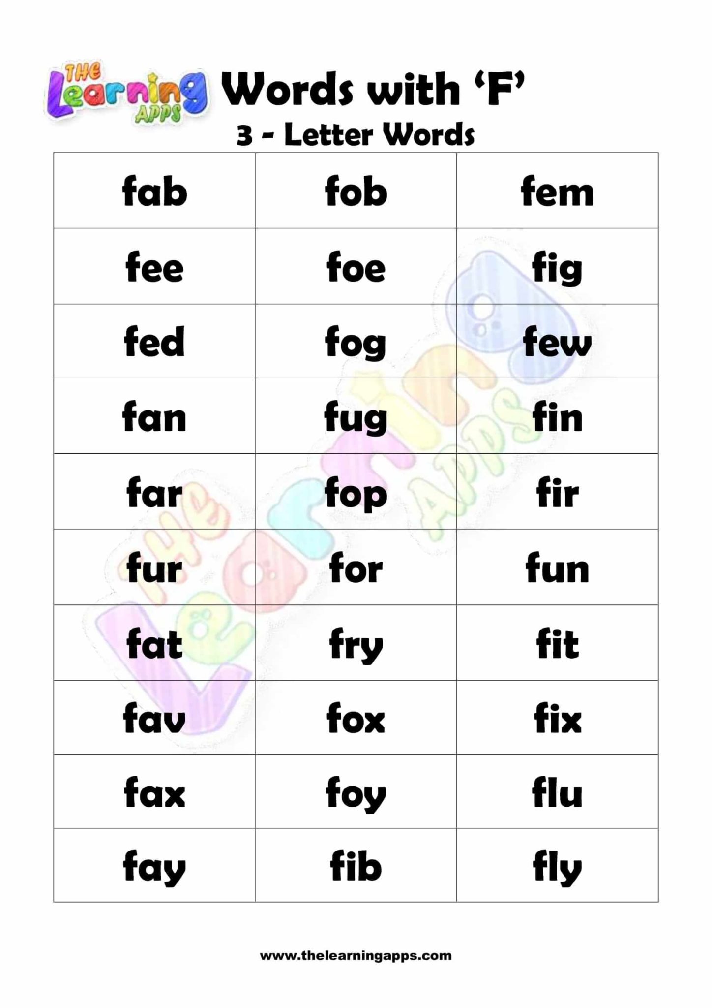 Download free printable 3 LETTER WORD STARTING WITH F