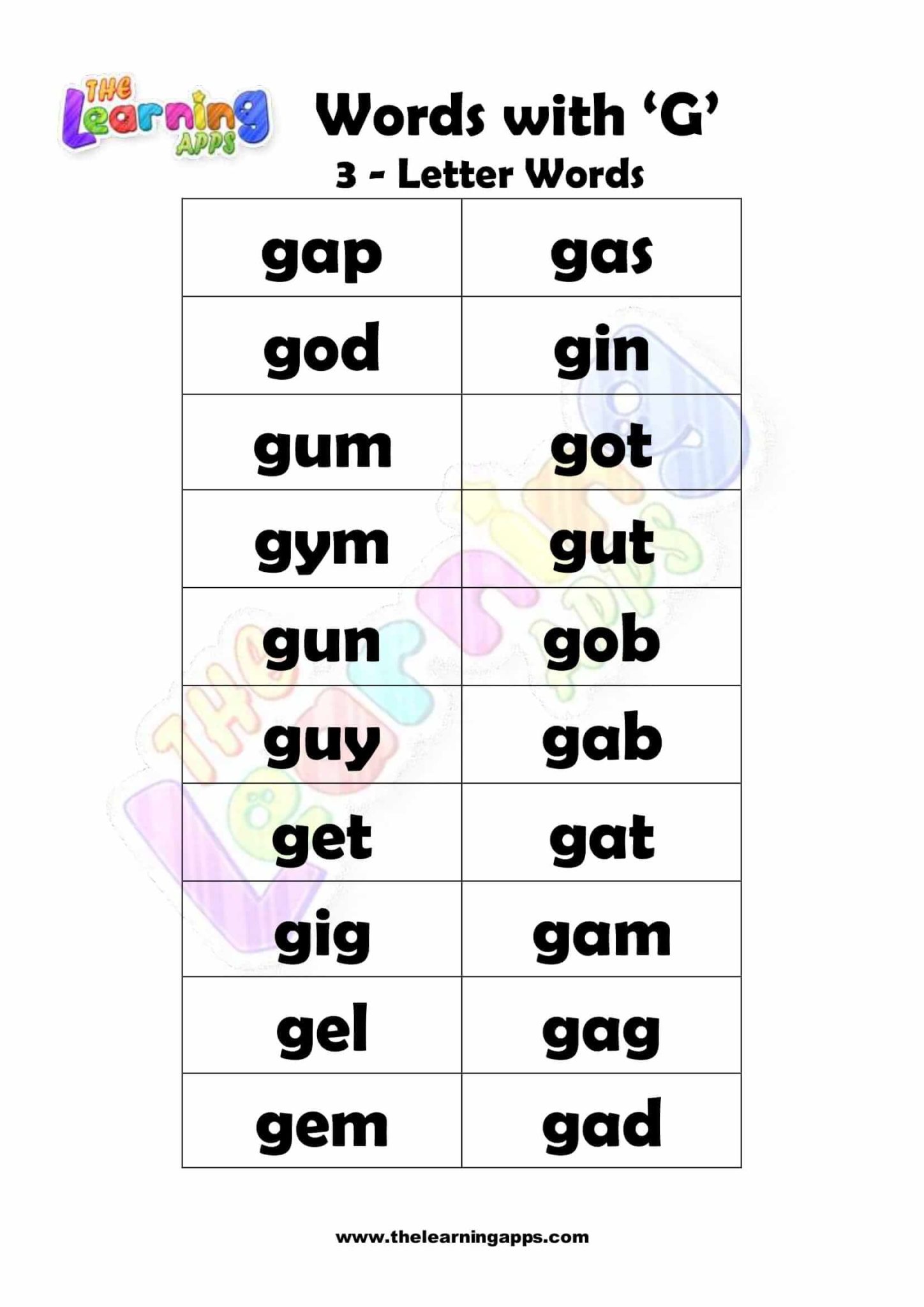 Download free printable 3 LETTER WORD STARTING WITH G