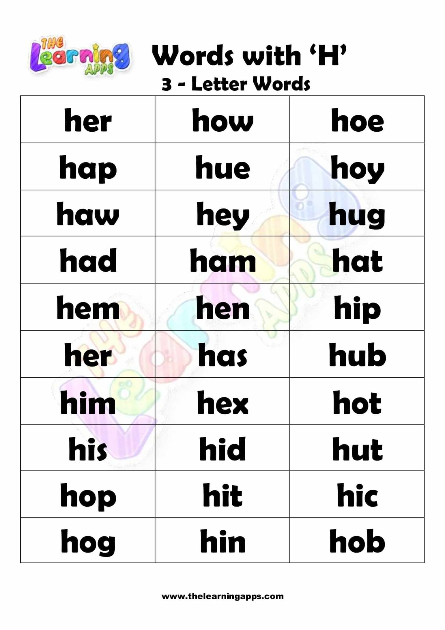 Download free printable 3 LETTER WORD STARTING WITH H