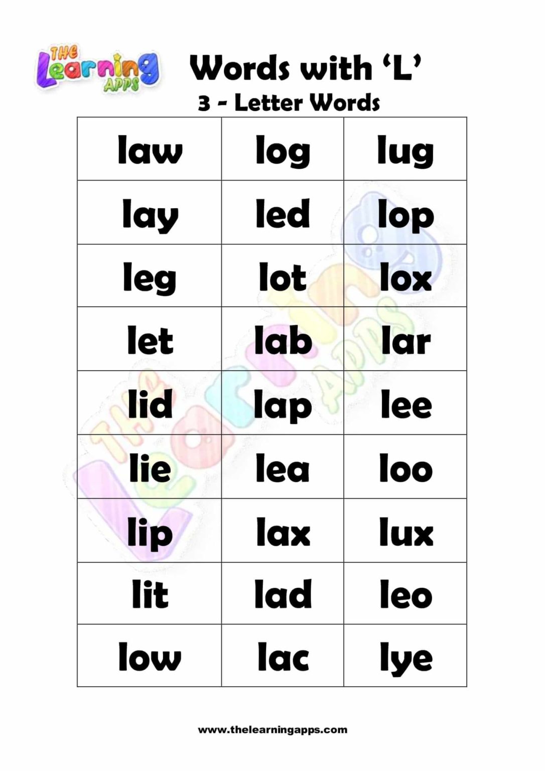 Download free printable 3 LETTER WORD STARTING WITH L