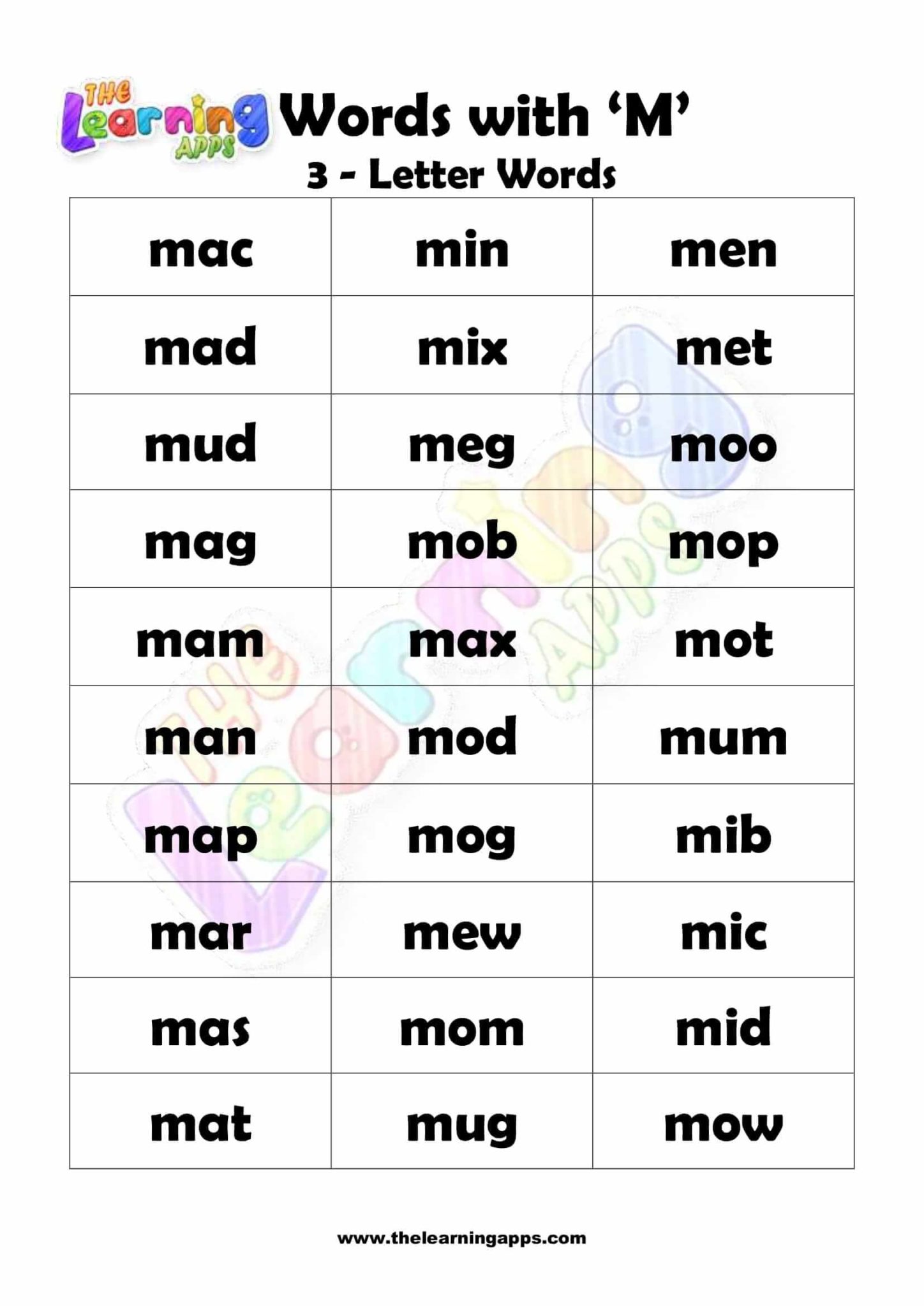 Download free printable 3 LETTER WORD STARTING WITH M