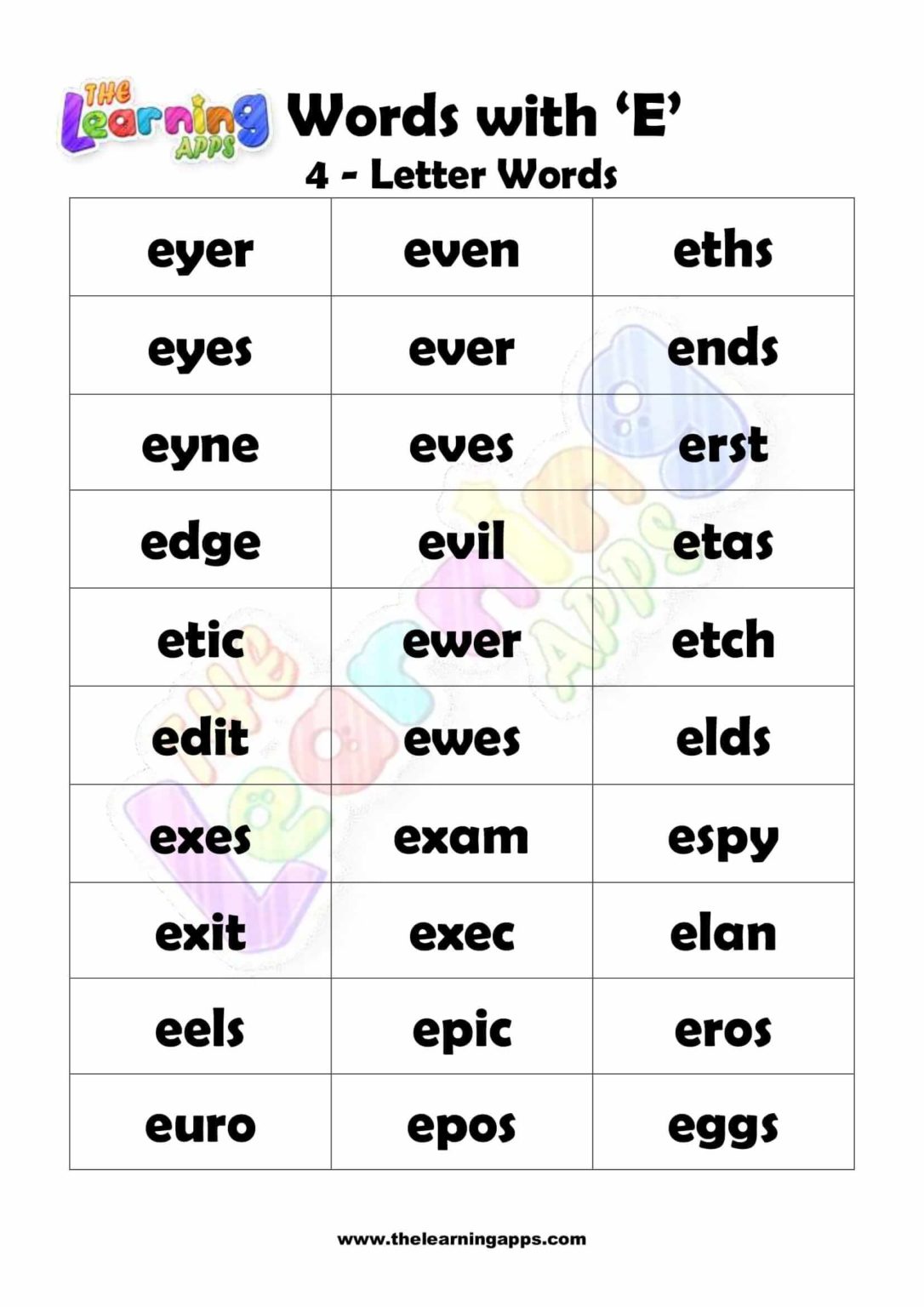 Download free printable 4 LETTER WORD STARTING WITH E