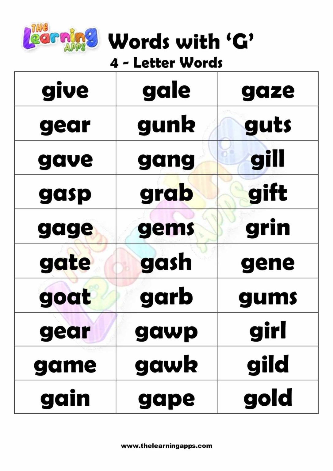 Download free printable 4 LETTER WORD STARTING WITH G