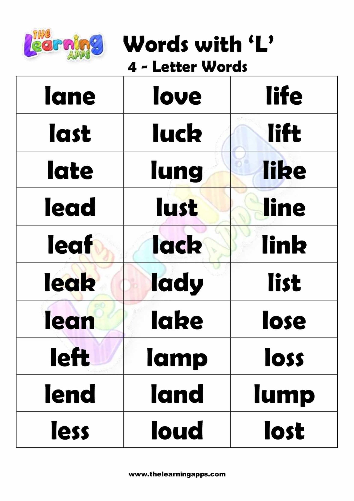Download free printable 4 LETTER WORD STARTING WITH L