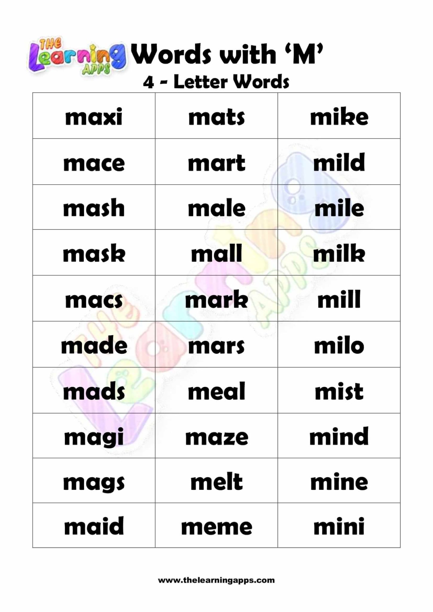 Download free printable 4 LETTER WORD STARTING WITH M