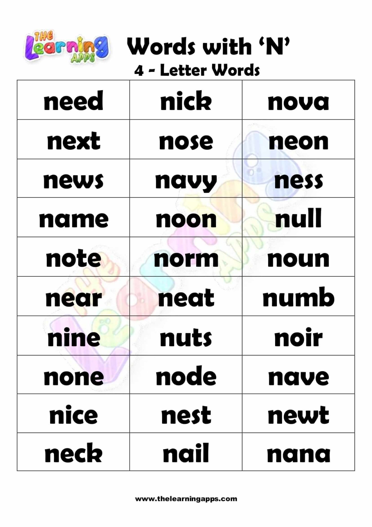 Download free printable 4 LETTER WORD STARTING WITH N