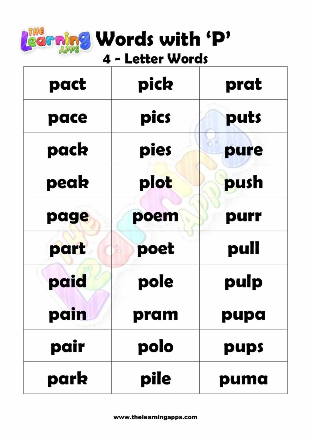 Download free printable 4 LETTER WORD STARTING WITH P