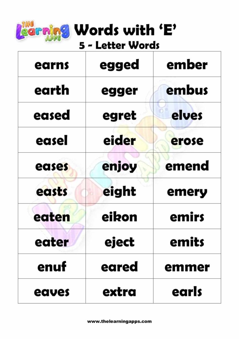 Download gratis udskrivbare ord på 5 BOGSTAVER, DER STARTER MED E
