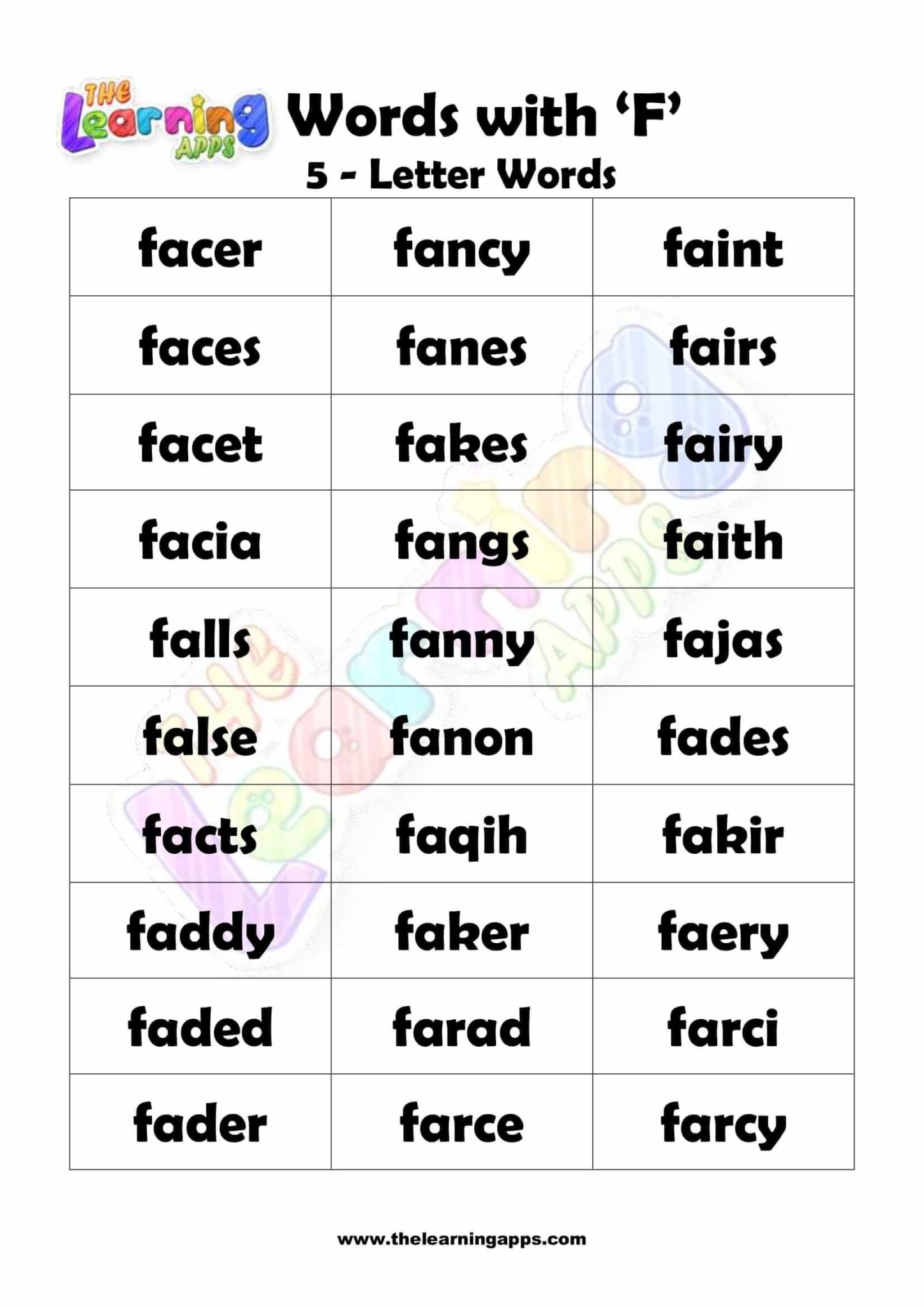Download free printable 5 LETTER WORD STARTING WITH F