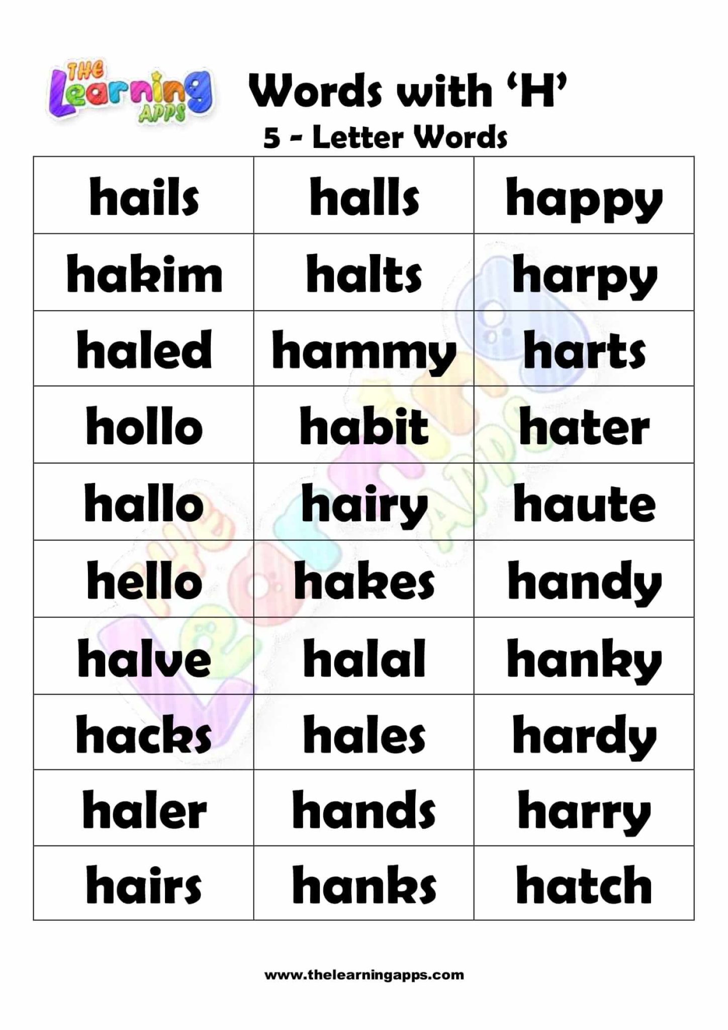 H로 시작하는 인쇄 가능한 5글자 단어 무료 다운로드