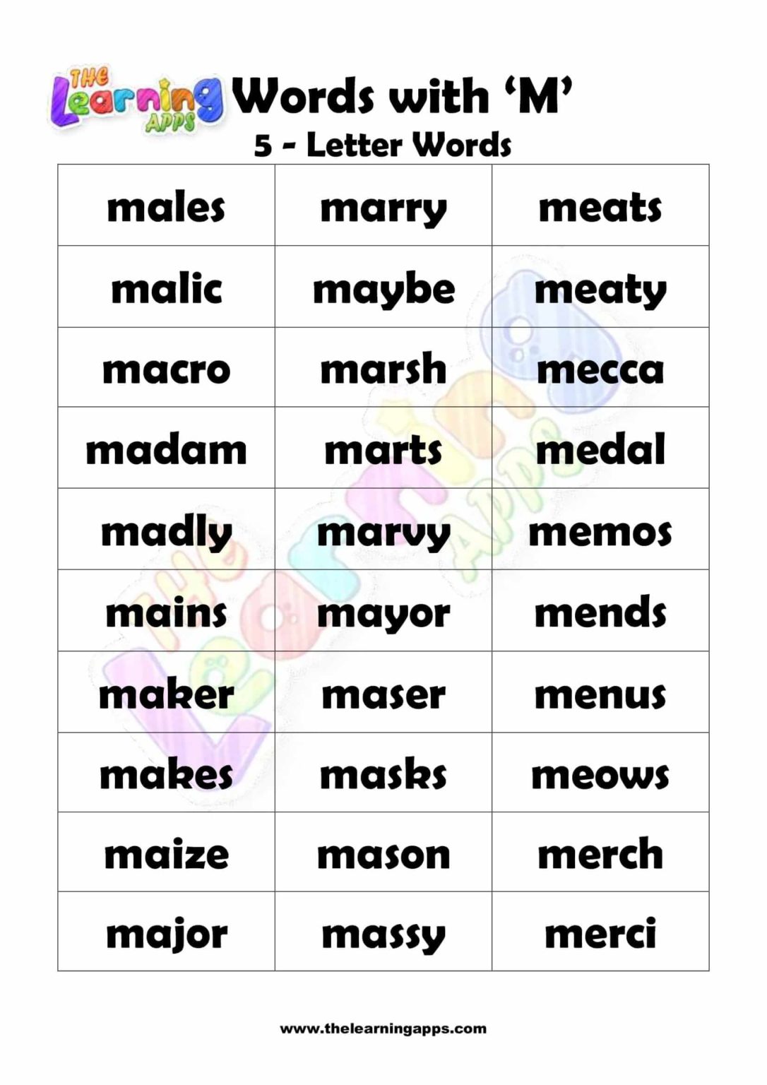 Download free printable 5 LETTER WORD STARTING WITH M