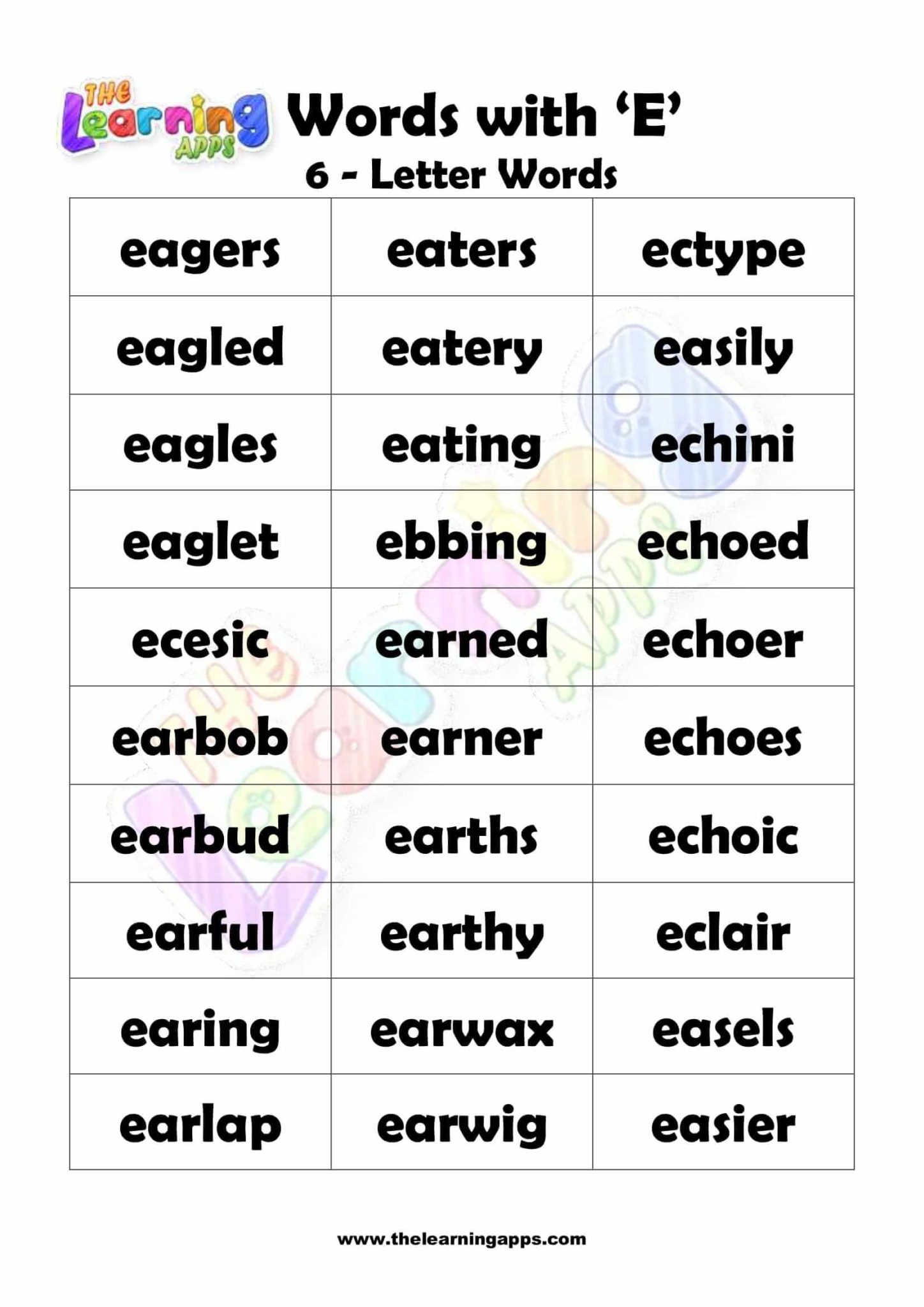 ดาวน์โหลด 6 LETTER WORD STARTING WITH E . ที่พิมพ์ได้ฟรี