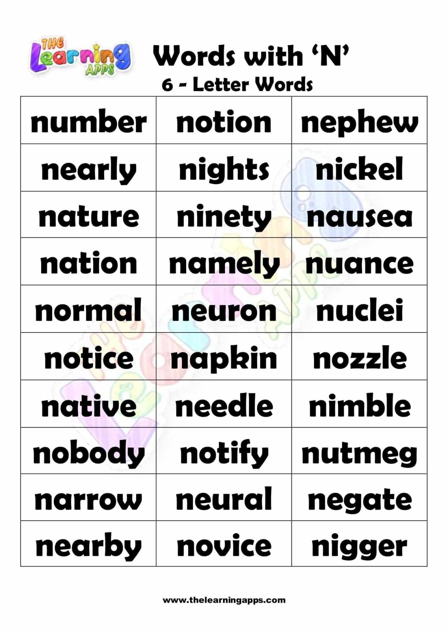 Descarga una PALABRA DE 6 LETRAS QUE EMPIEZA CON N para imprimir gratis