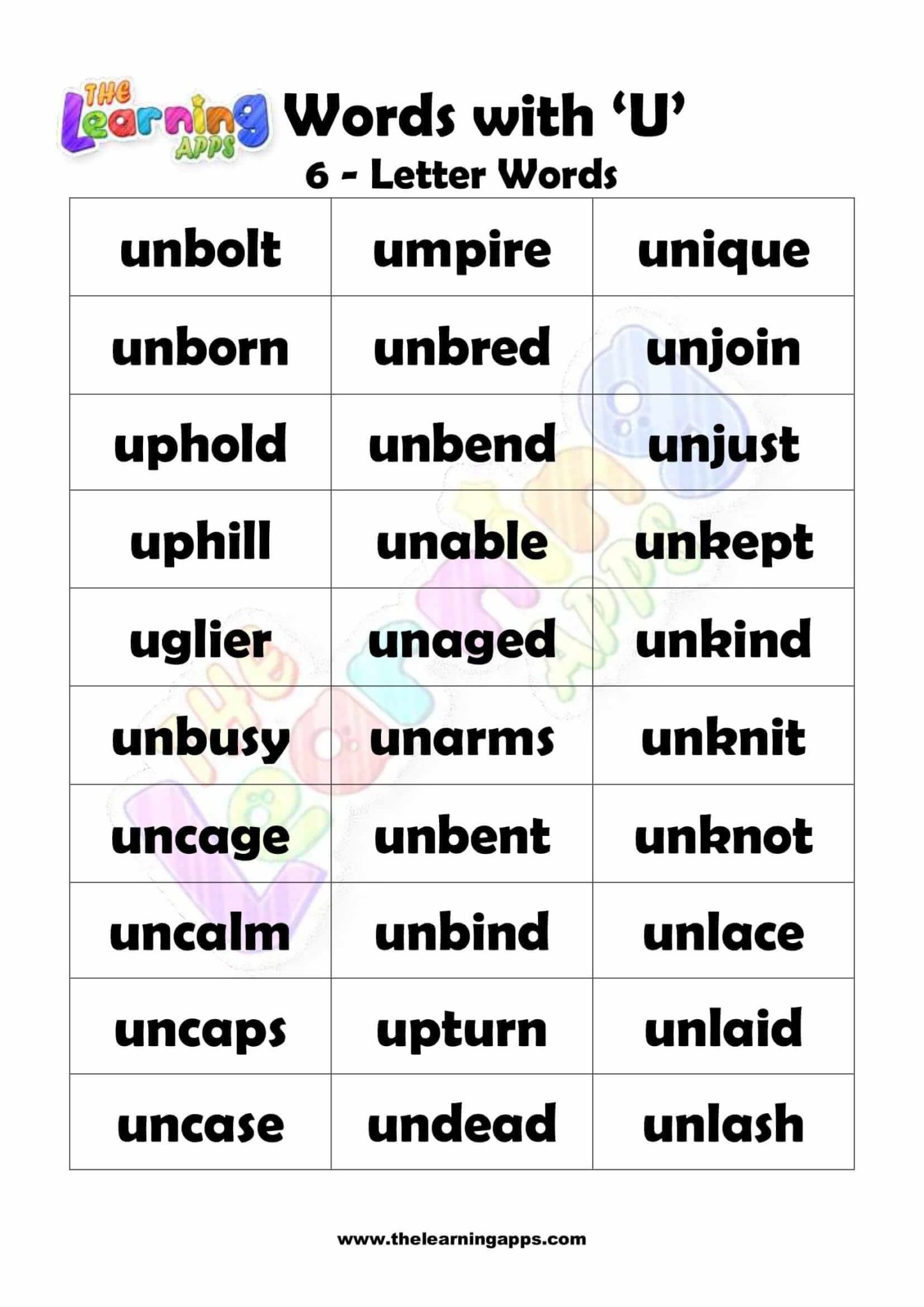 Download free printable 6 LETTER WORD STARTING WITH U