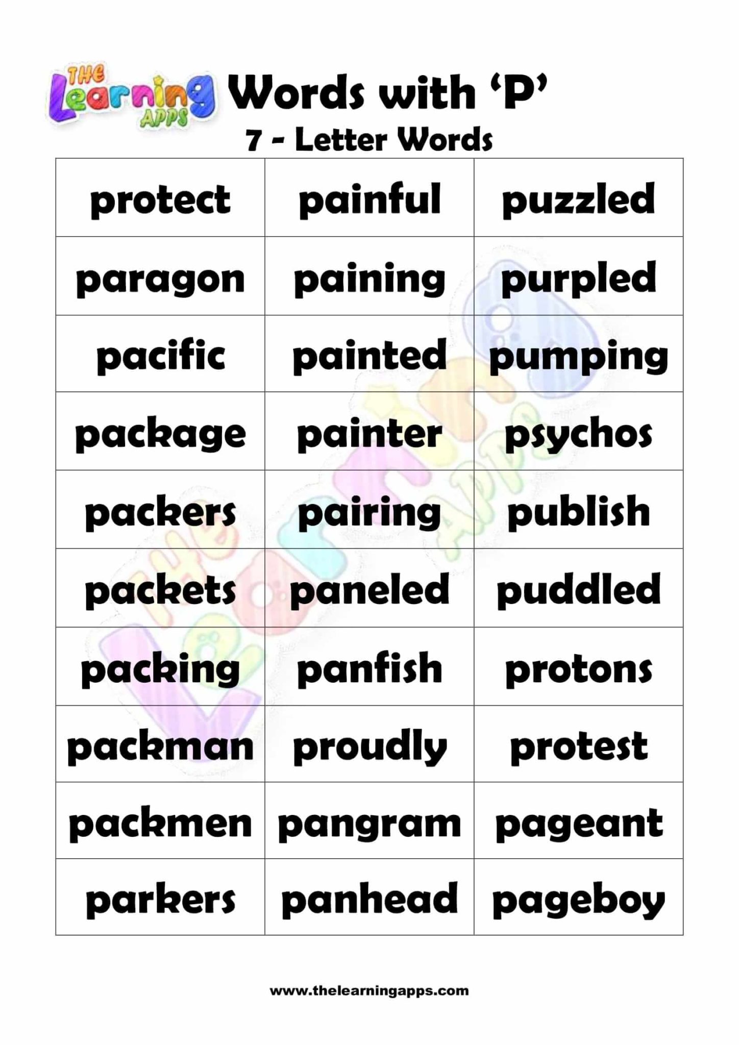 P로 시작하는 인쇄 가능한 7자 단어 무료 다운로드