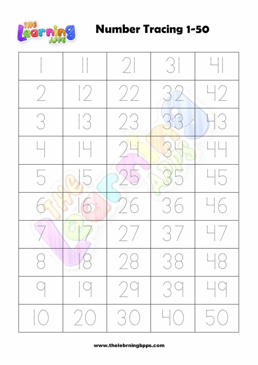 Free Printable Number Tracing 1-50 Worksheet for Kids