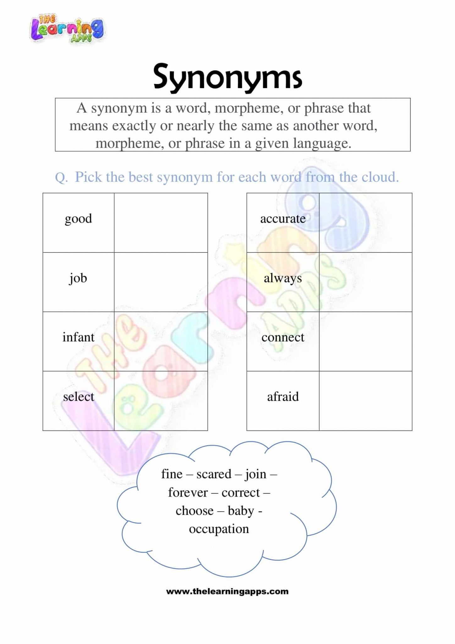 Free Synonyms Worksheet 03 for Kids