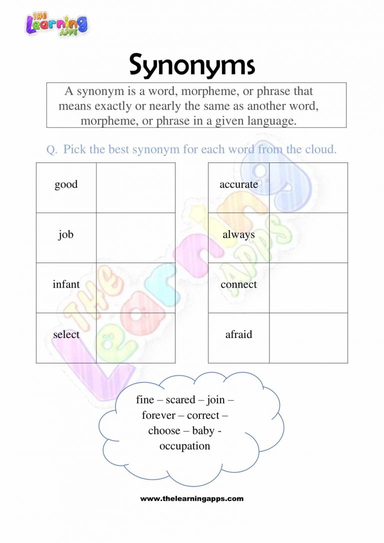 Free Synonyms Worksheet 03 for Kids