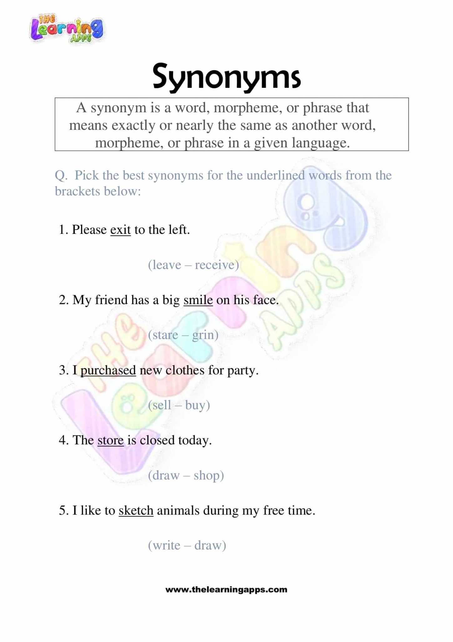 Free Synonyms Worksheet 05 for Kids