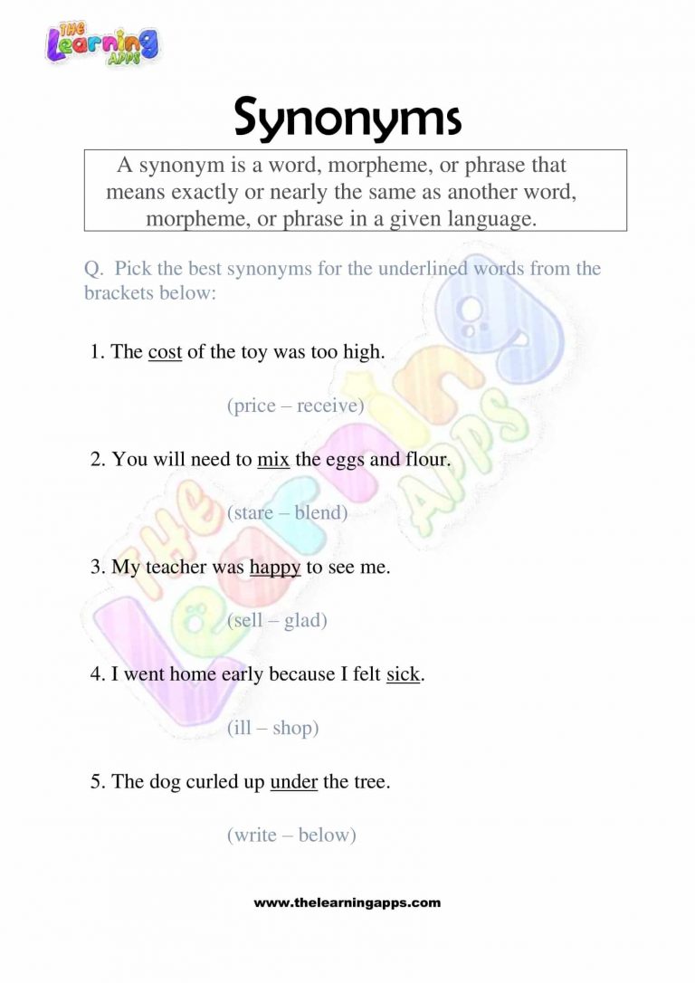 Free Synonyms Worksheet 06 for Kids