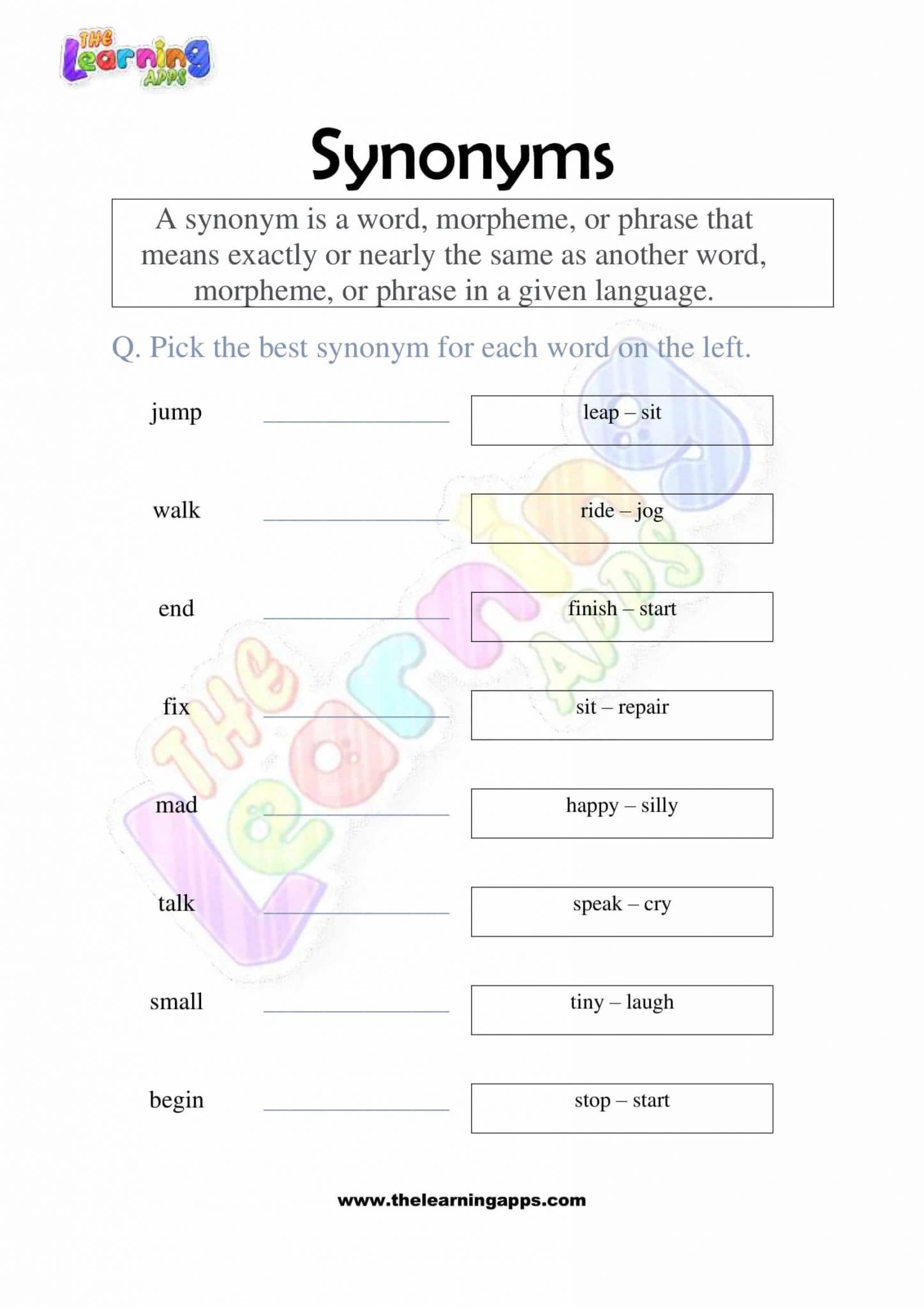 Free Synonyms Worksheet 07 for Kids