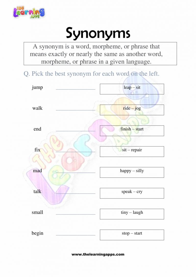 Free Synonyms Worksheet 07 for Kids