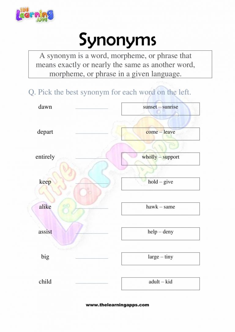 Free Synonyms Worksheet 08 for Kids