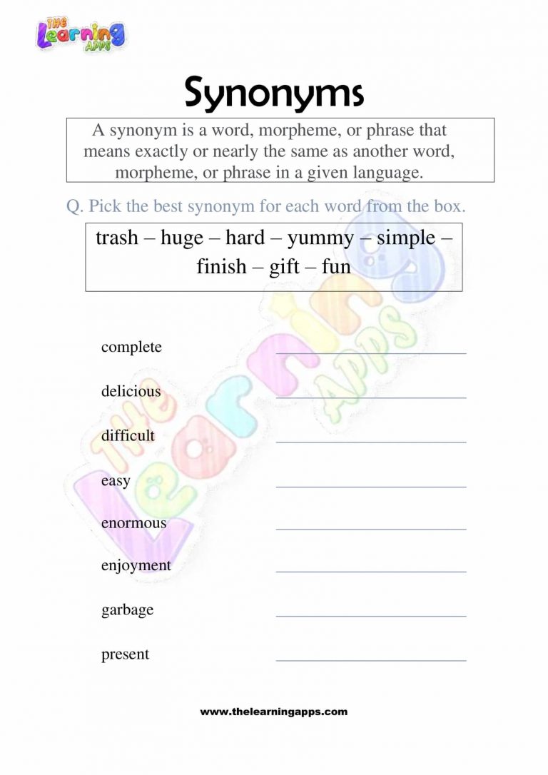 Hoja de trabajo de sinónimos gratis 09 para niños