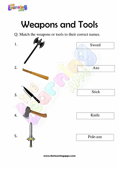 Weapons and Tools Worksheets for Grade 3