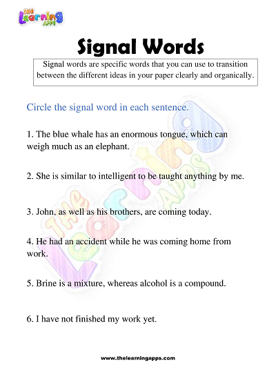 Signal Words Worksheets for Grade 3