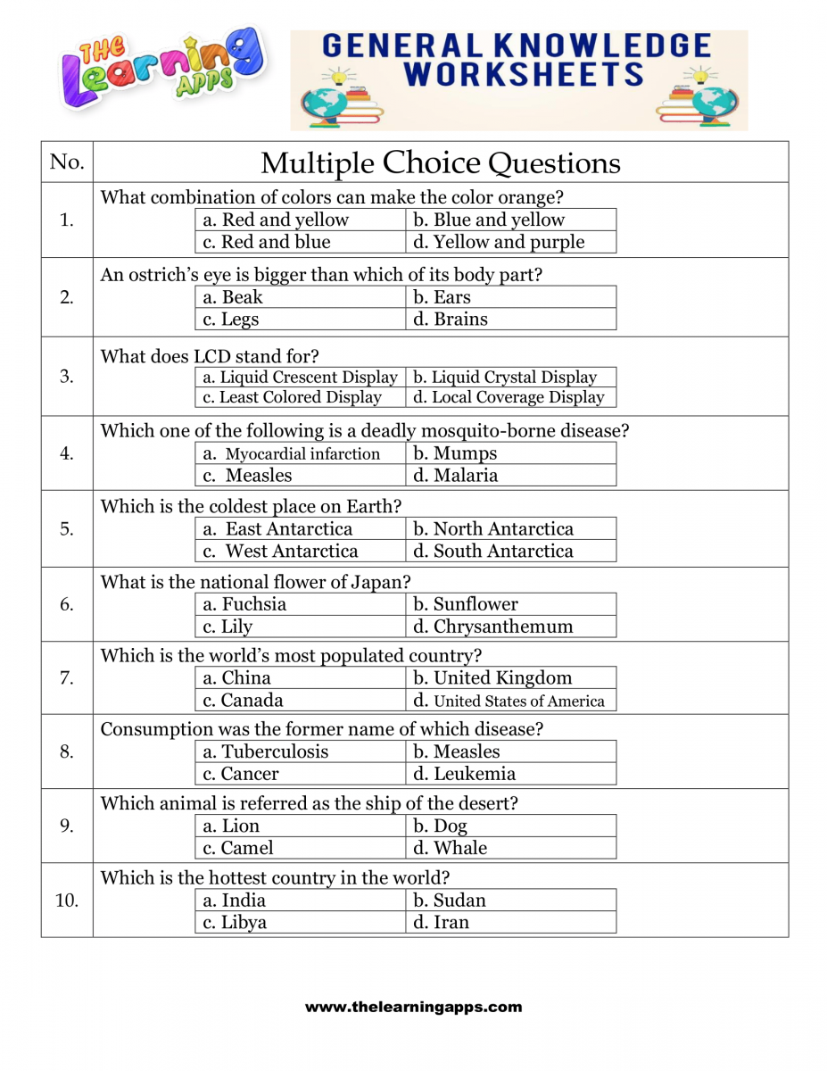 General Knowledge Quiz Printable For Kids - The Learning Apps
