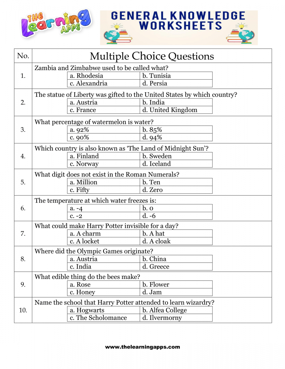 General Knowledge Quiz Printable For Kids - The Learning Apps