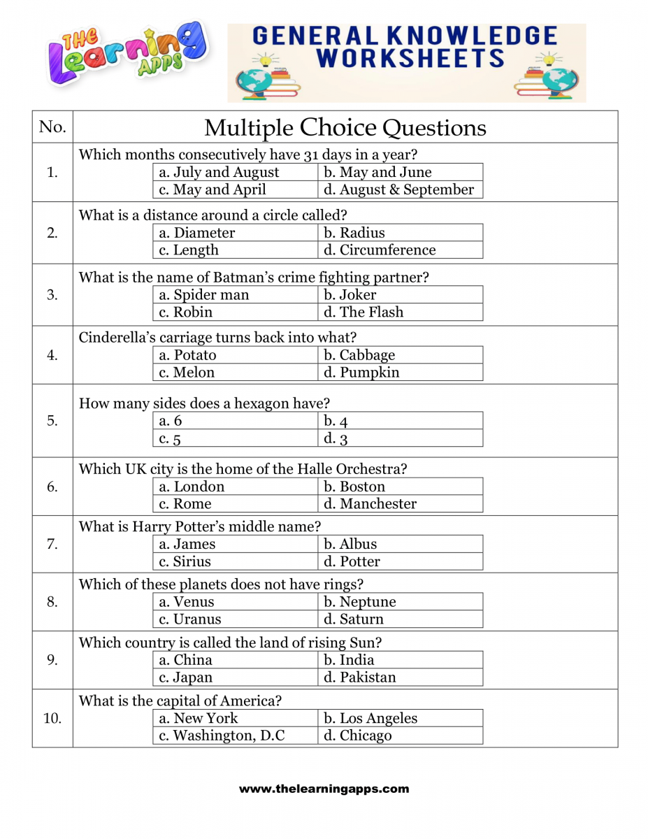 General Knowledge Quiz Printable For Kids - The Learning Apps