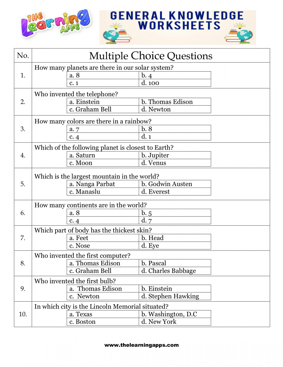 General Knowledge Quiz Printable For Kids - The Learning Apps