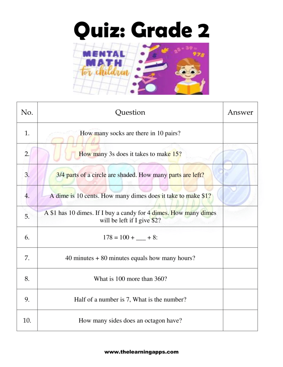 Free Mental Math Worksheets for Grade 2 Kids